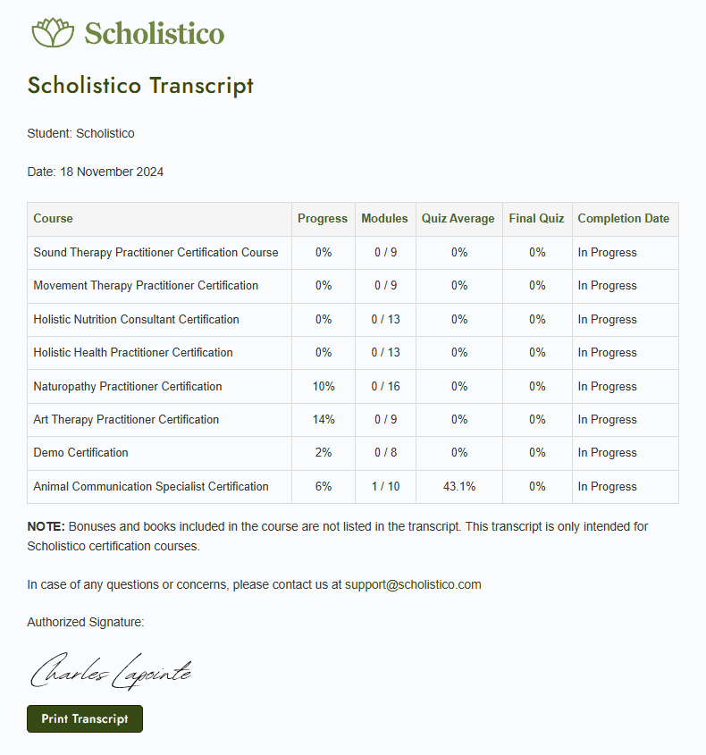 Scholistico Transcript - Detailed Course Progress Report